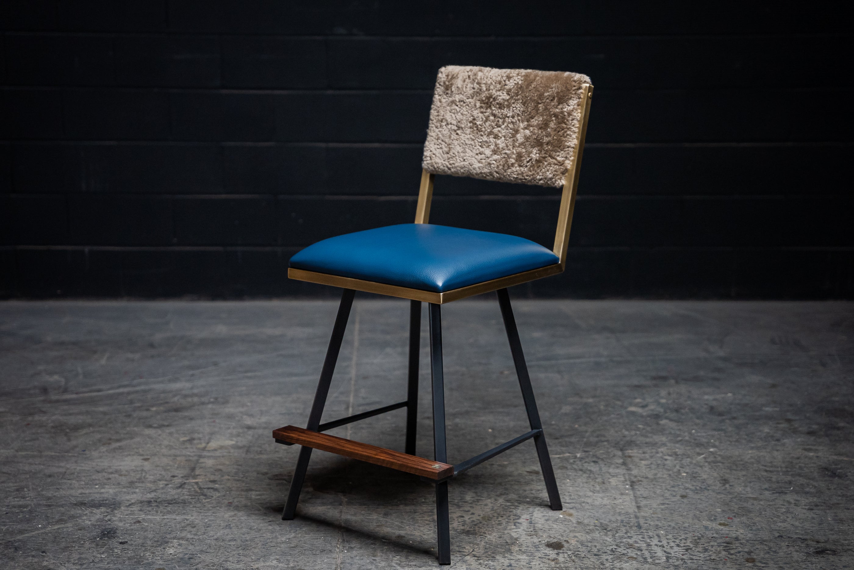 Shaker Swivel Chair - Macchiato Shearling, Blue Leather & Brushed Bras ...